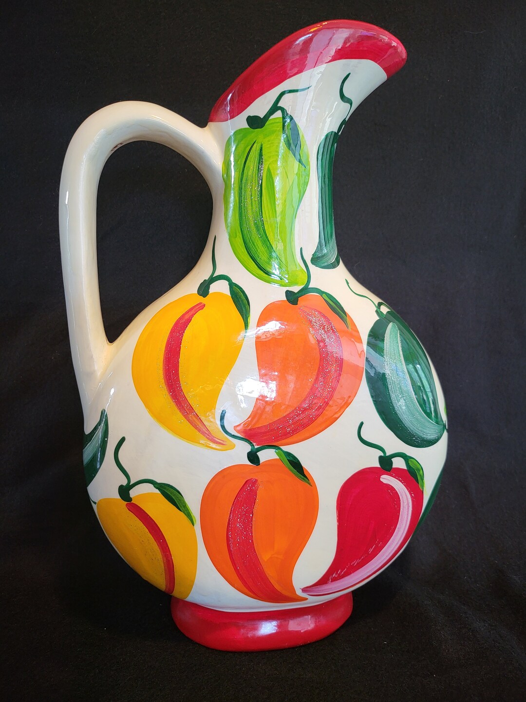 Artesania Mexicana Pottery Pitcher White W/vibrant Peppers Colors and ...