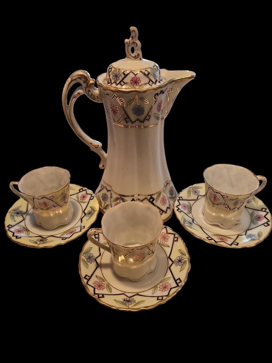 Nippon Chocolate Pot and Lid W/ 3 Teacups & Saucers Morimura Brothers ...