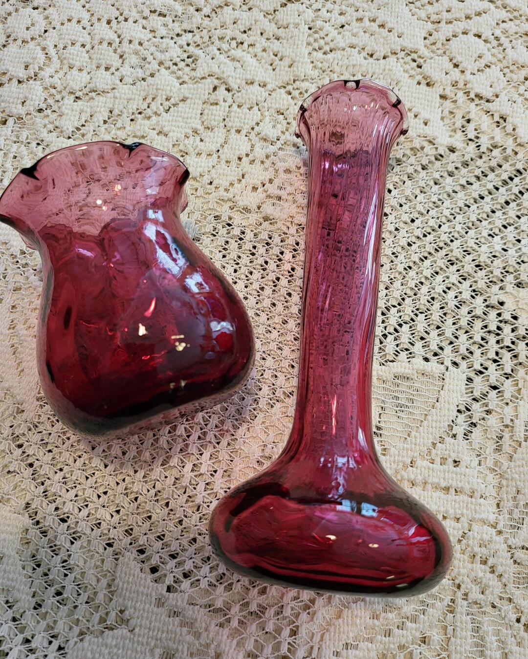 Stunning Cranberry Glass Vases Set of 2! Big Vase 7" Small Vase 3.5 ...