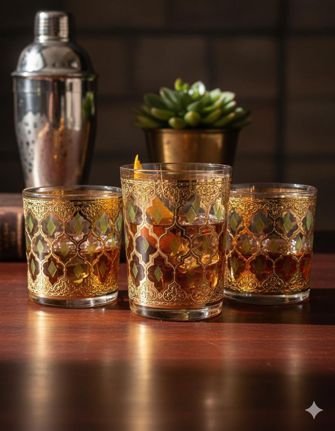 2-signed- Culver Valencia Glassware Set of 3 | 22K Gold & Emerald Green ...