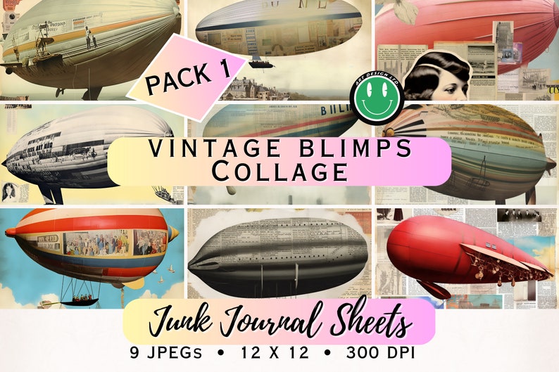 Vintage Blimp Collage, Junk Journal Paper Pack, Instant Download for ...