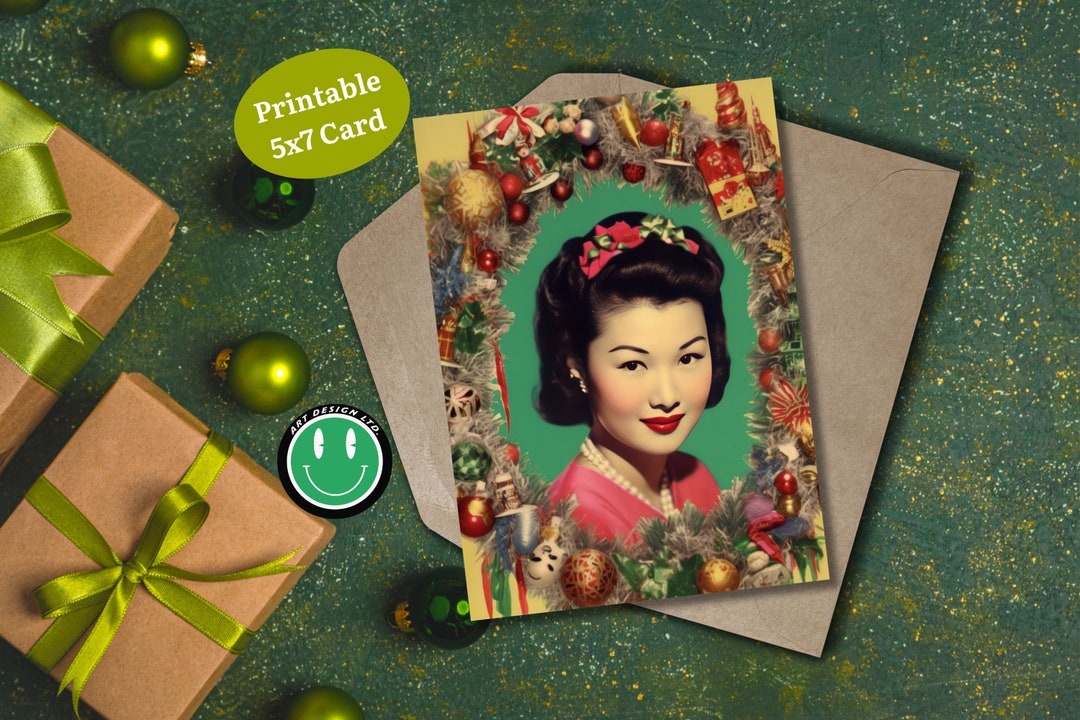 Printable Kitschy 5x7 Christmas Card, Blank Retro Holiday Card ...
