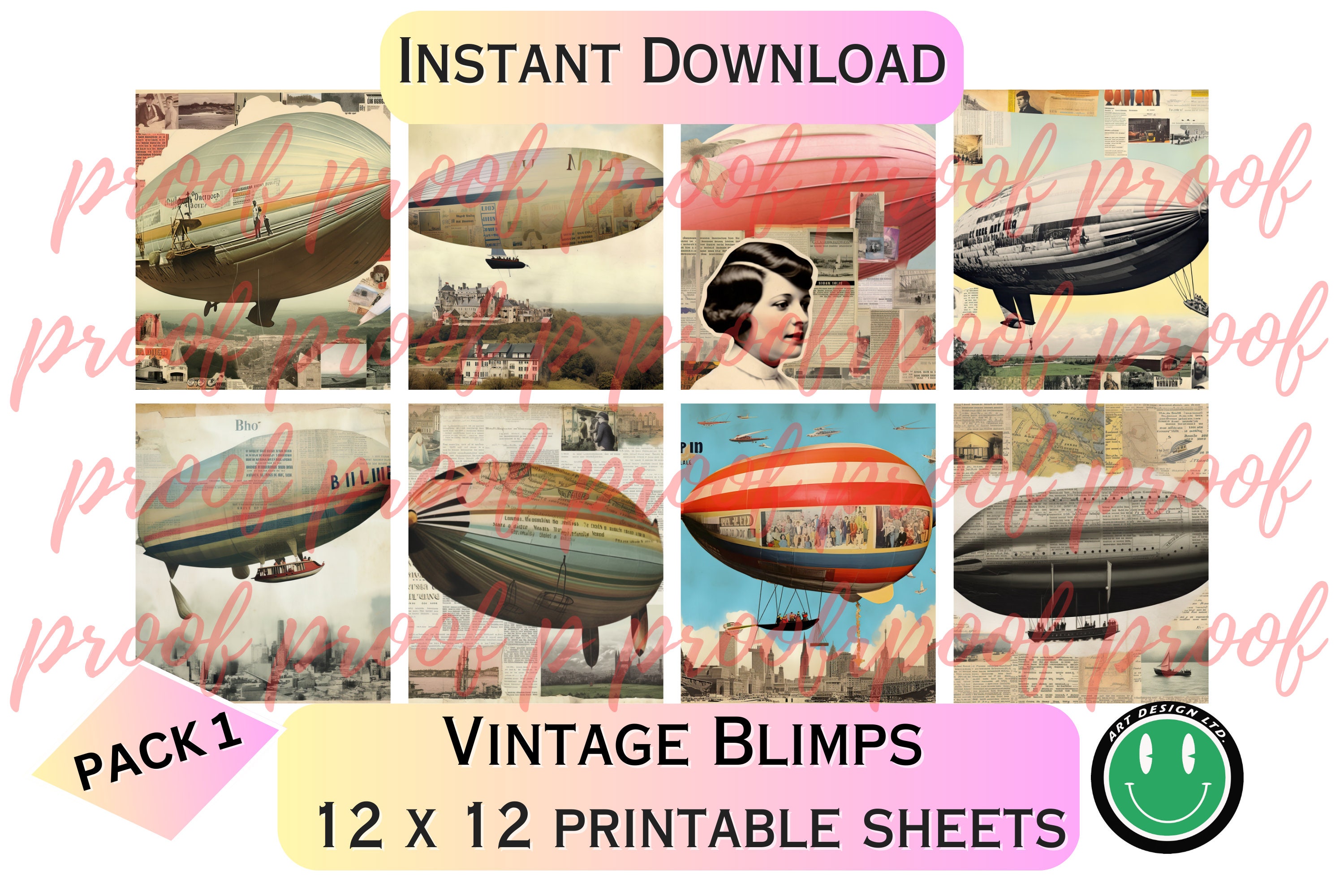 Vintage Blimp Collage, Junk Journal Paper Pack, Instant Download for ...