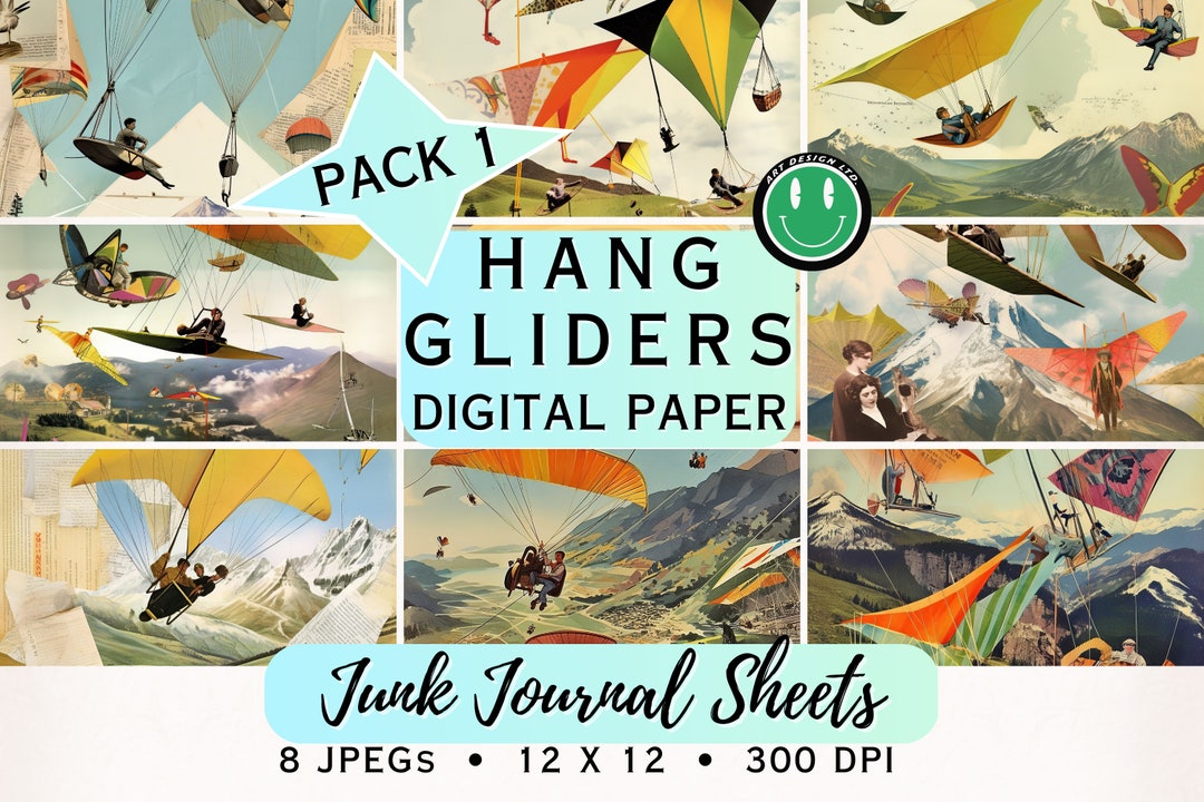 Hang Gliders Vintage Collage Digital Paper - 12x12 Inch Printable ...