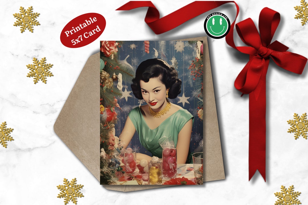 Printable Kitschy 5x7 Christmas Card, Blank Retro Holiday Card ...