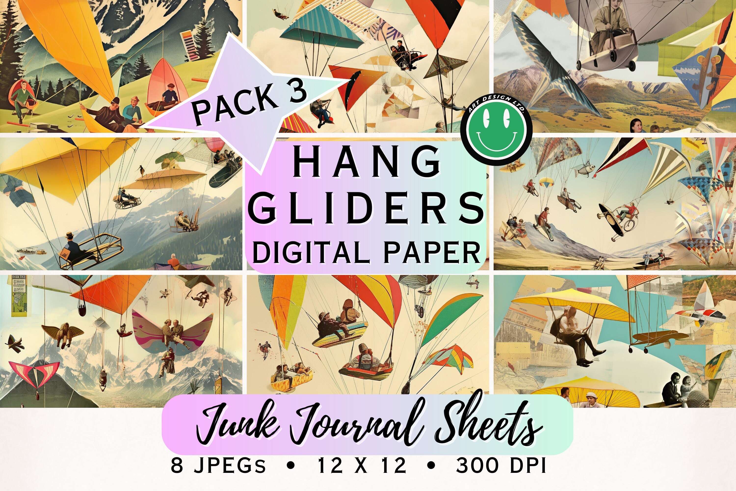 Hang Gliders Collage Style Digital Paper, Printable Download ...
