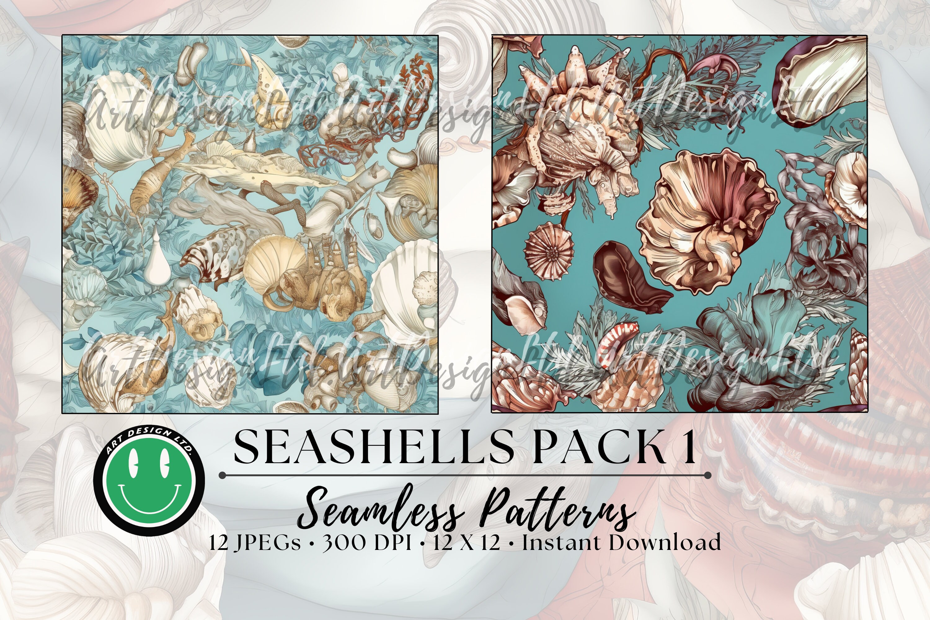Seashells Pack 1 - 12 Seamless Patterns, 12x12 In, 300 DPI, Instant ...