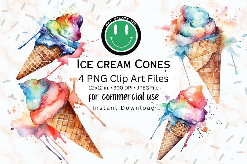 Watercolor Ice Cream Cones Clip Art, 4 PNG Files, 12x12 In, 300 DPI ...