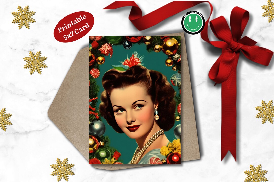 Printable Kitschy 5x7 Christmas Card, Blank Retro Holiday Card ...