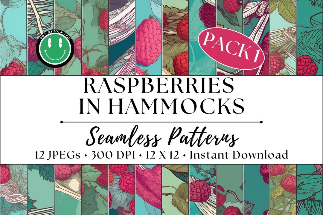 Whimsical Raspberry Hammocks Pack 1, Seamless Pattern, 12 Jpegs, 12 X ...