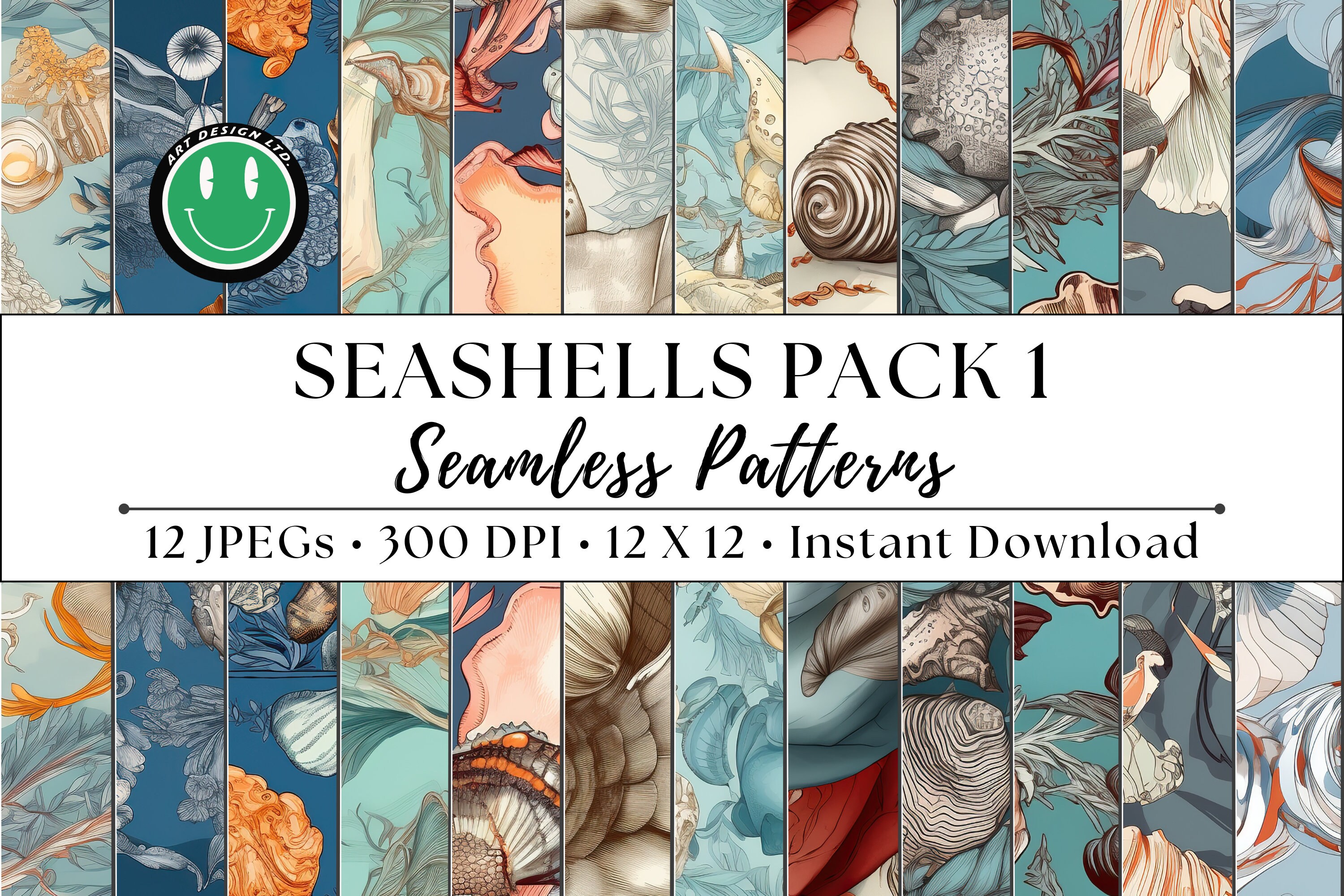 Seashells Pack 1 - 12 Seamless Patterns, 12x12 In, 300 DPI, Instant ...