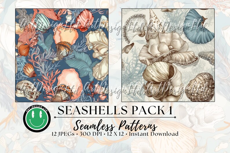 Seashells Pack 1 - 12 Seamless Patterns, 12x12 In, 300 DPI, Instant ...