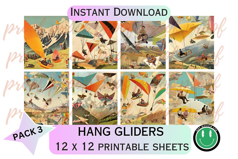 Hang Gliders Collage Style Digital Paper, Printable Download ...