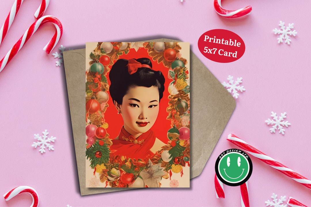 Printable Kitschy 5x7 Christmas Card, Blank Retro Holiday Card ...