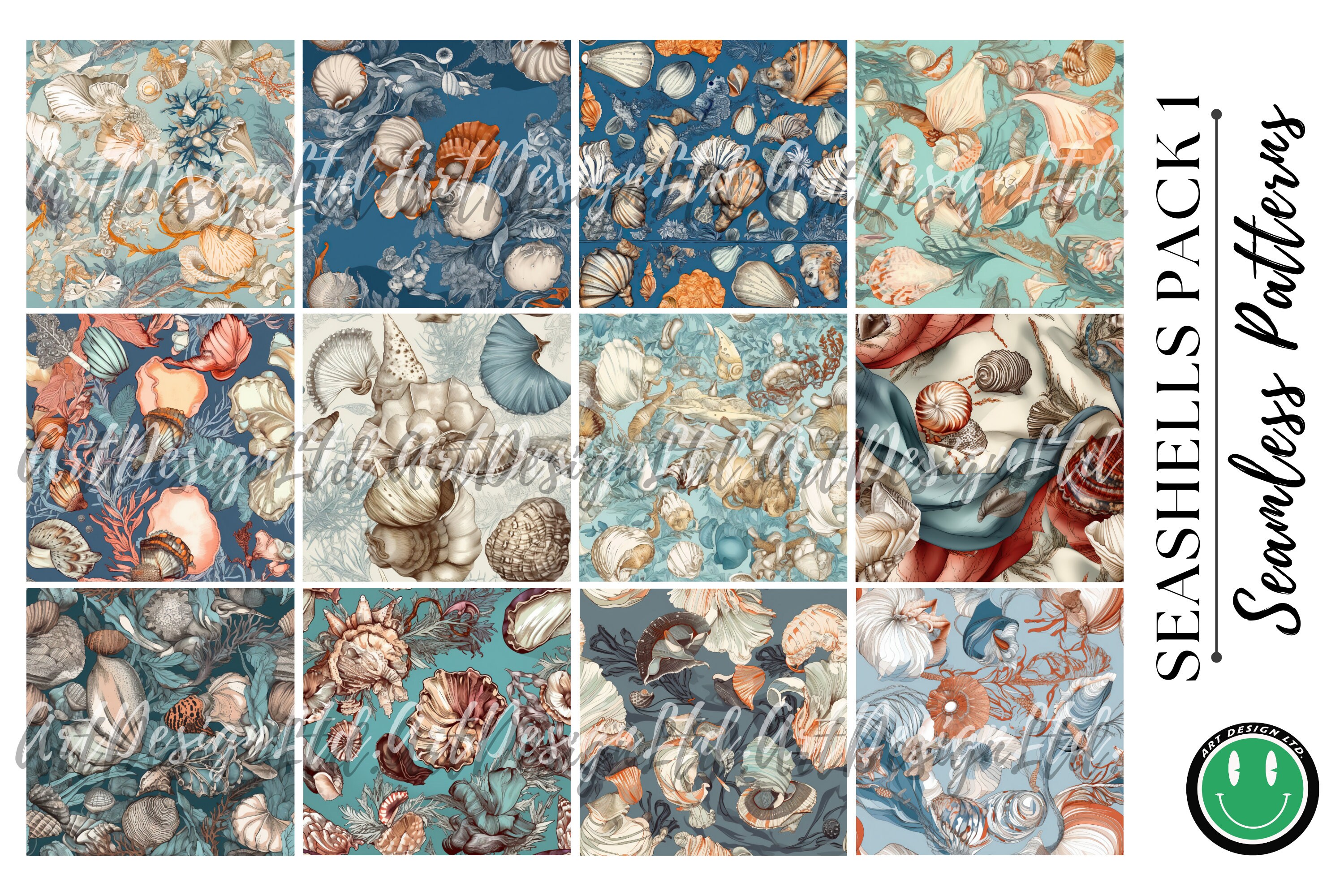 Seashells Pack 1 - 12 Seamless Patterns, 12x12 In, 300 DPI, Instant ...