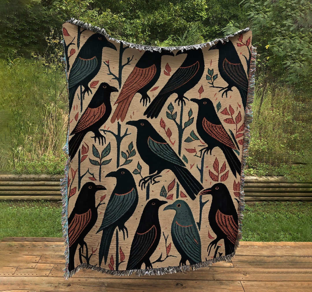 The Black Crows Folk Art Woven Throw Blanket - Etsy