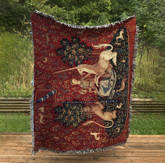 Woven Cotton Tapestry Woven Throw Blanket Lady With Unicorn | Etsy