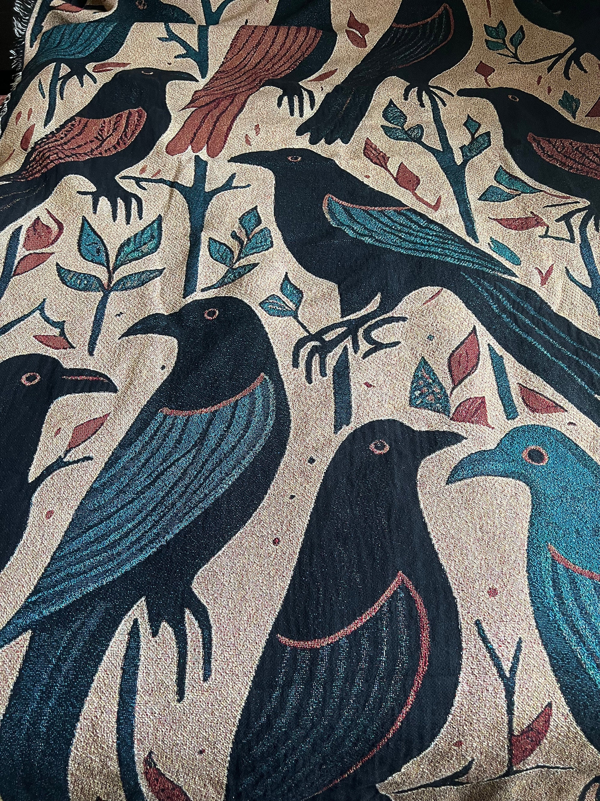 The Black Crows Folk Art Woven Throw Blanket - Etsy