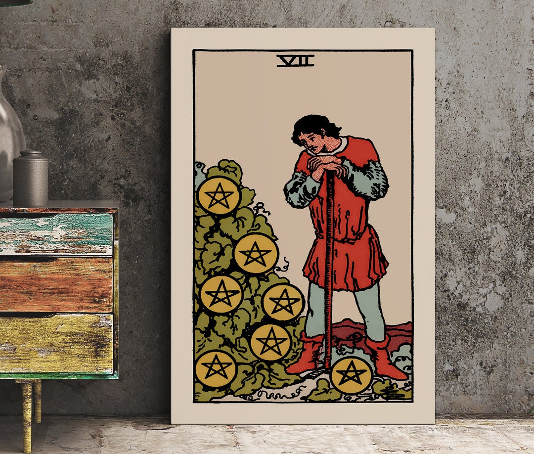 Seven of Pentacles- Tarot Card Print - the 7 of Pentacles Card Poster ...