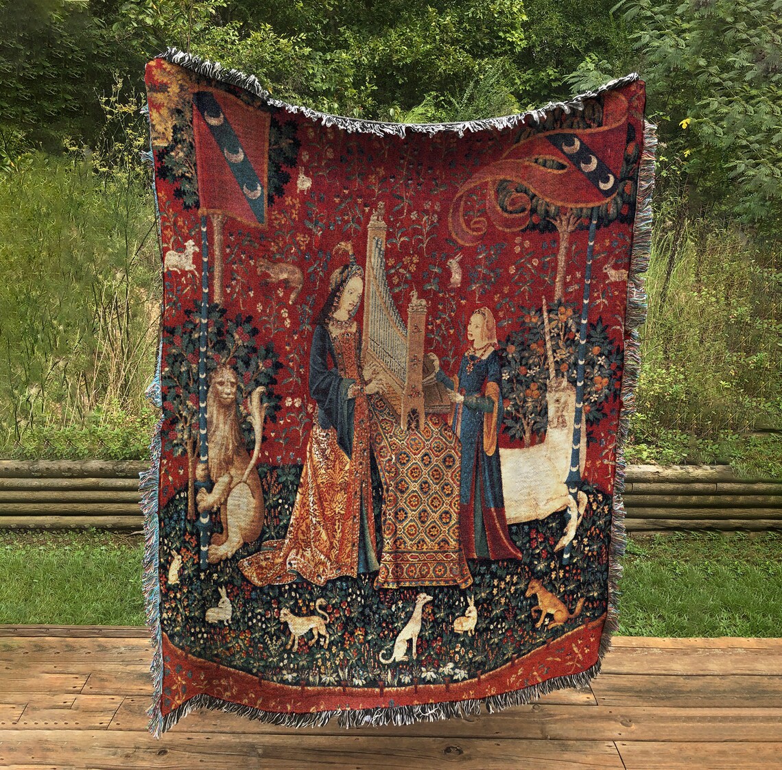 Woven Cotton Tapestry/throw Blanket Lady With Unicorn | Etsy