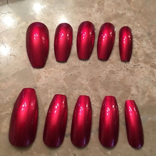 Metallic Red Glossy Long Coffin Ballerina Stilettos Nails Etsy