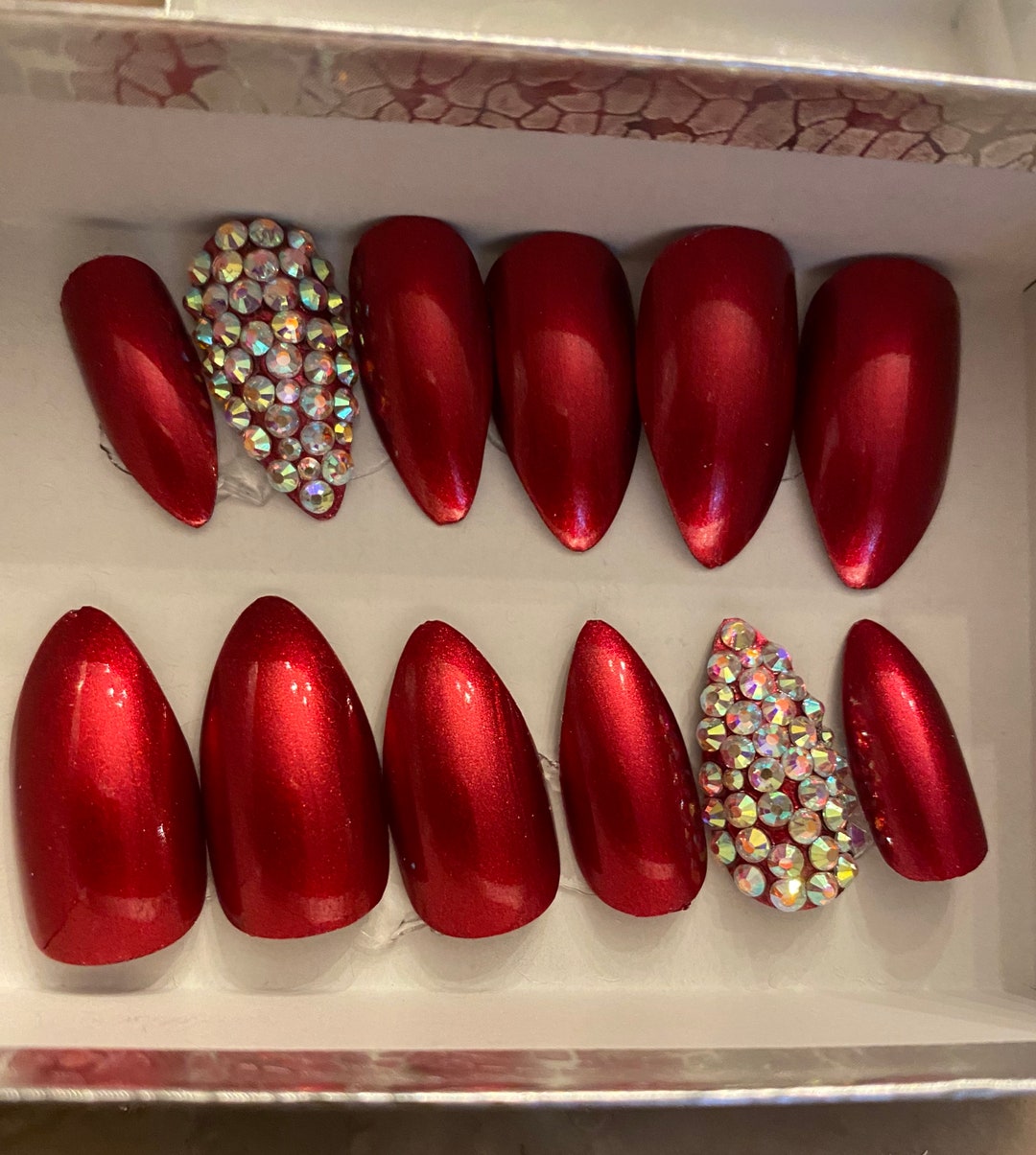Metallic Red Stiletto Bling False Nails Press on Nails. Fake Nails - Etsy