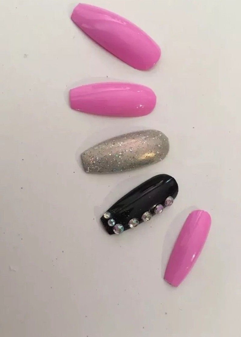 Pink Black Glitter Bling Long Coffin False Nails - Etsy
