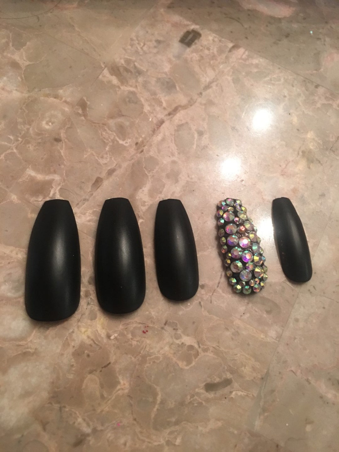 Black Matte Coffin Bling Rhinestone False Nails - Etsy