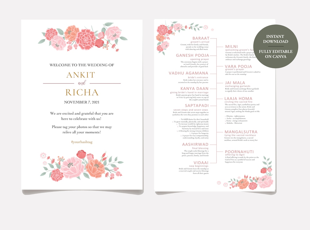 Indian Hindu Wedding Program, Floral,custom Wedding Program, Hindu ...