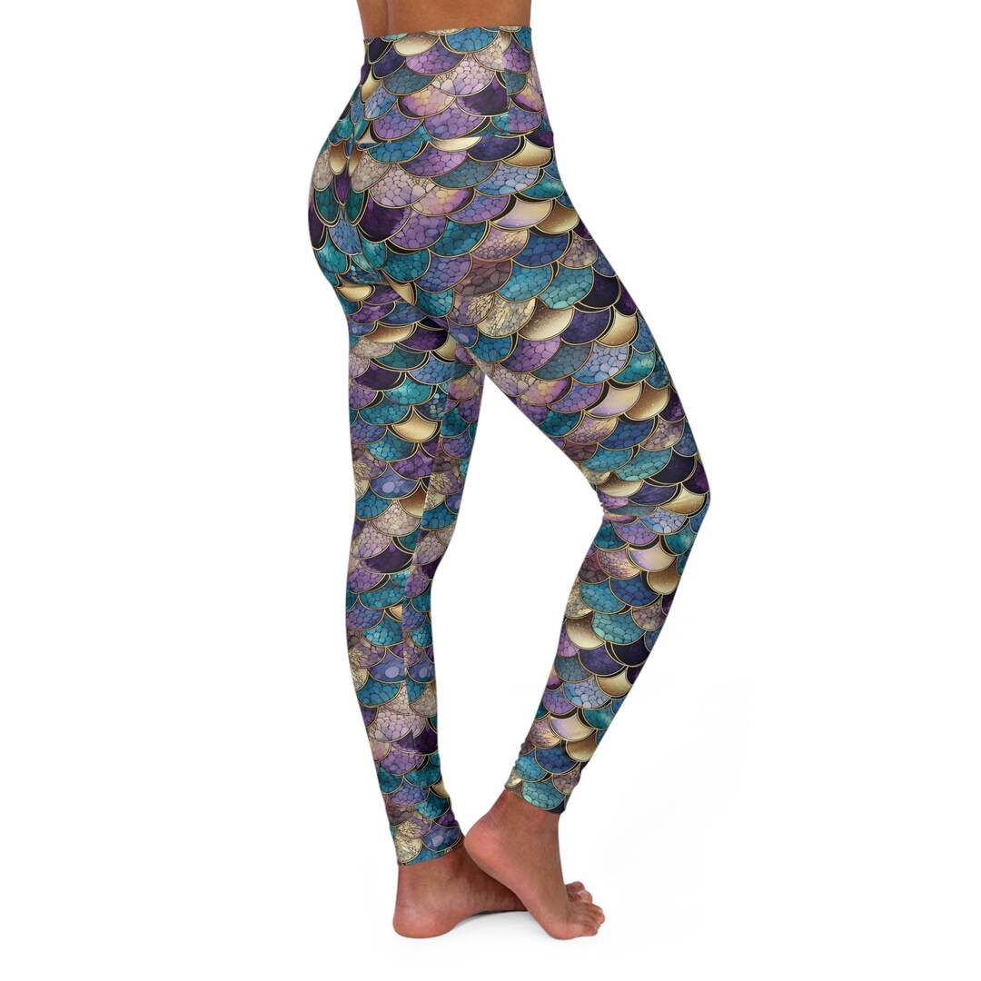 Plum Art Deco Scales High Waisted Yoga Leggings, Mermaid Scales Yoga ...