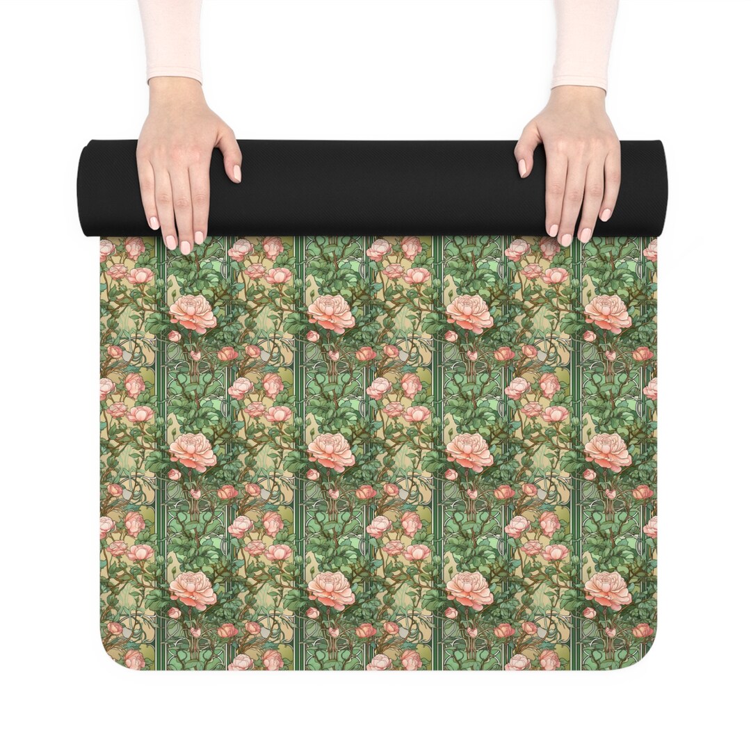 Art Nouveau Peach Rose Trellis Rubber Yoga Mat, Greenery, Art Deco ...
