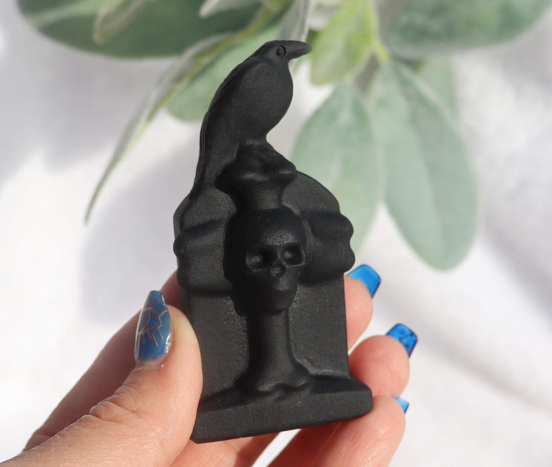Obsidian Tombstone With Bone Cross, Skull and Raven - Etsy