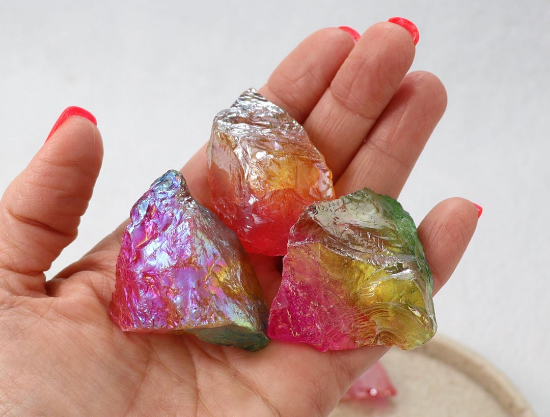 Raw Rainbow Aura Quartz Crystals, Rainbow Colored Stones, Raw Aura ...