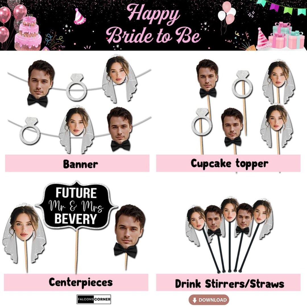 Bachelorette Face Decorations: Bride & Groom Party Bundle (digital ...