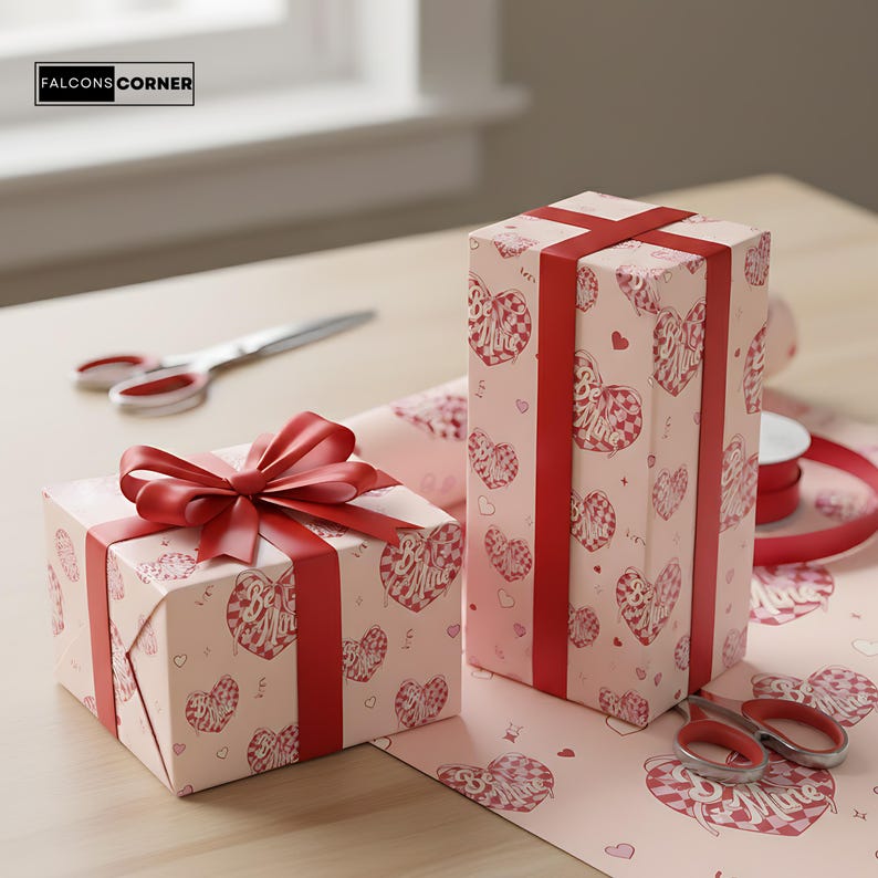 Be Mine Valentine Wrapping Paper, Pink Heart Gift Wrap, Romantic Love ...