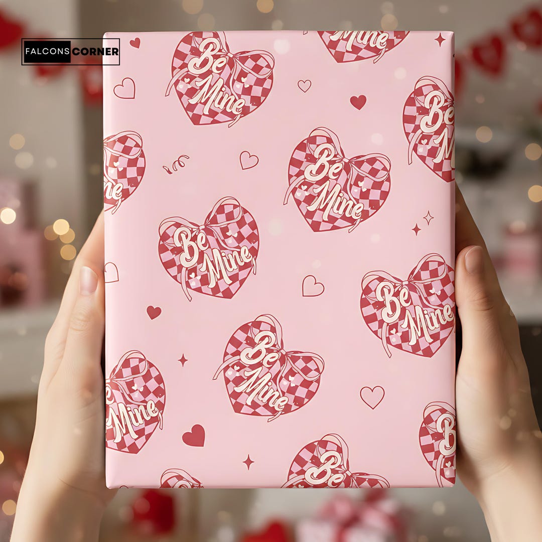 Be Mine Valentine Wrapping Paper, Pink Heart Gift Wrap, Romantic Love ...