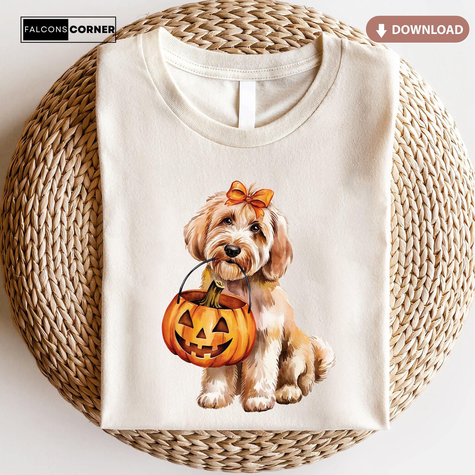 Goldendoodle Watercolor Clipart, Pumpkin Dog Illustration, Preppy ...