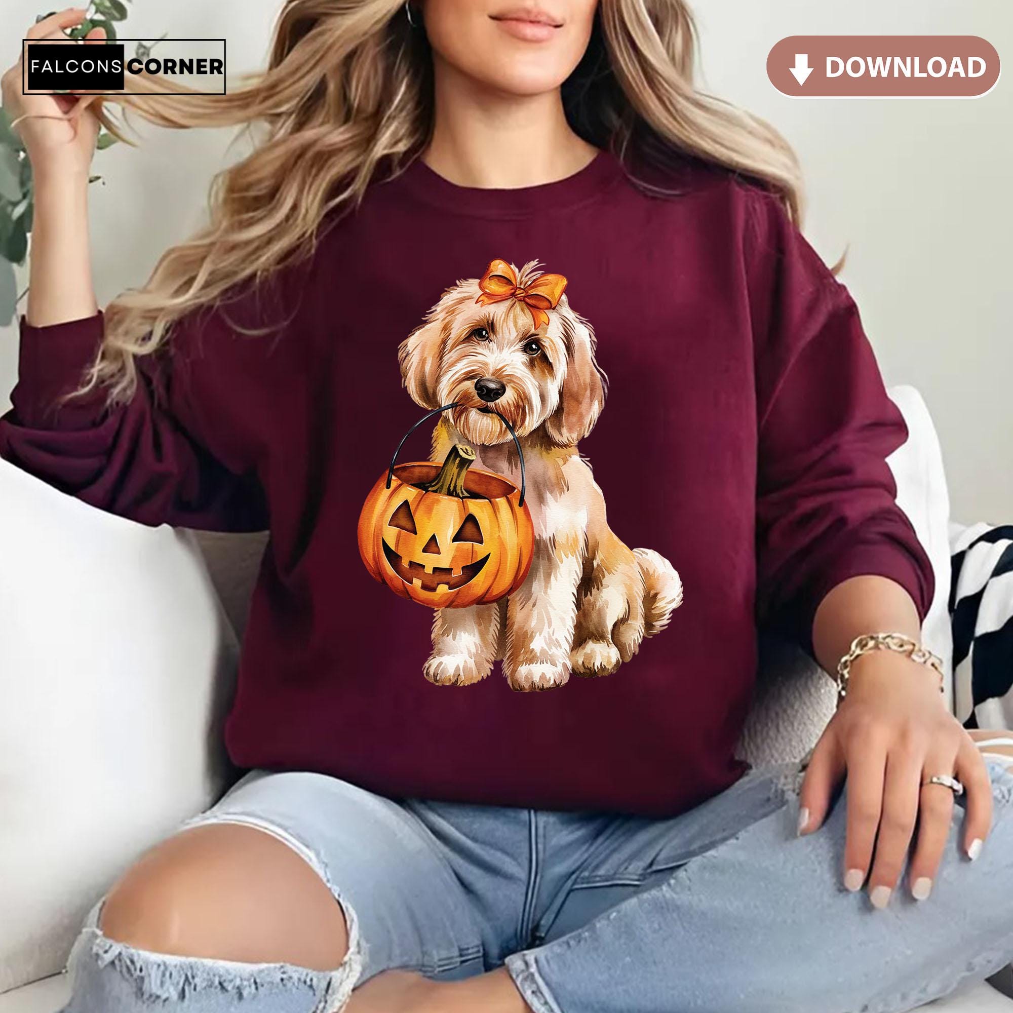 Goldendoodle Watercolor Clipart, Pumpkin Dog Illustration, Preppy ...