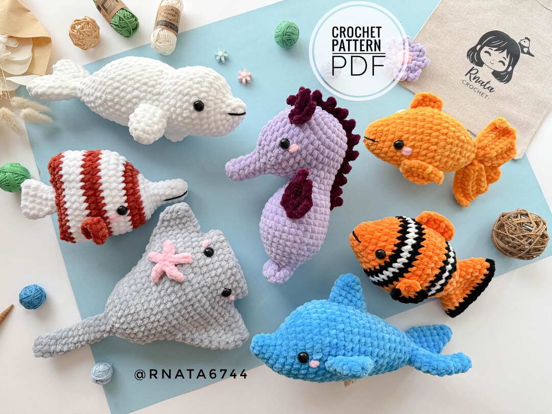 Crochet Sea Animal Pattern: Dolphin, Starfish, Beluga, Starfish (PDF ...