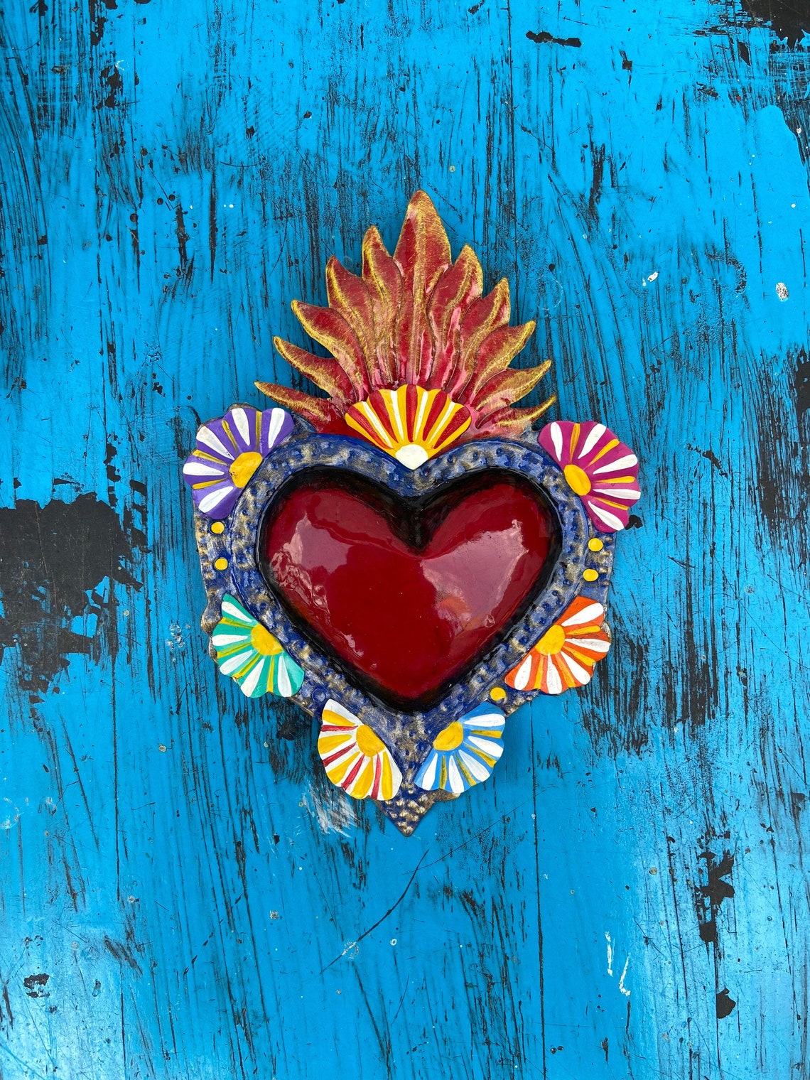 Mexican tin heart Mexican sacred heart milagro heart | Etsy