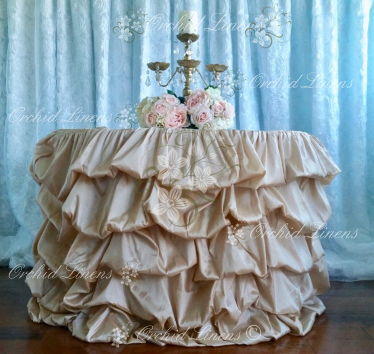 108" Ruffle Tablecloth, Champagne Ruffled Table Cloth, Champagne Ruched ...