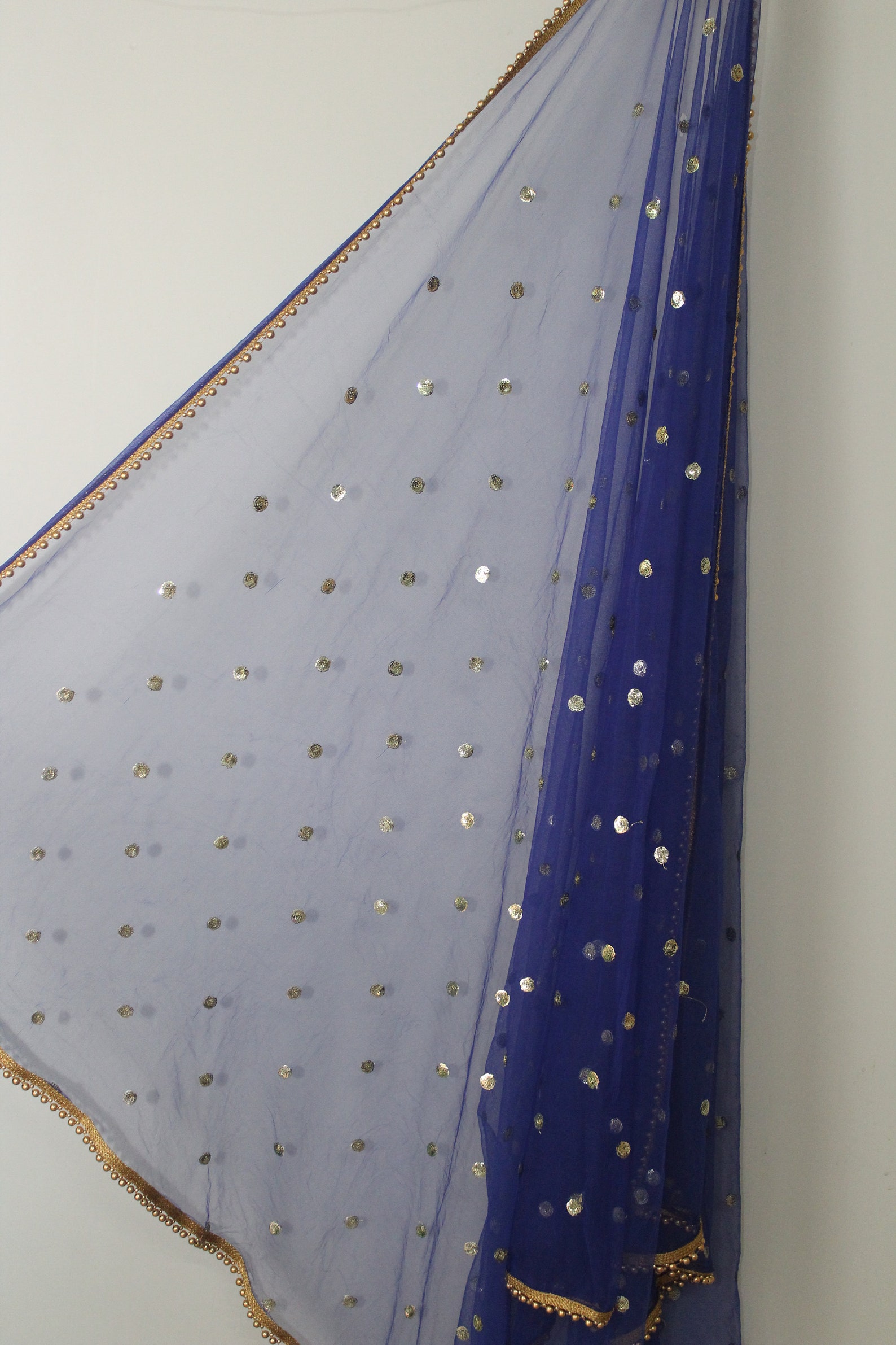 Blue Net Dupatta With Golden Sequins Motifs Gold Border Net | Etsy