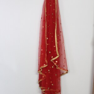 Red Net Dupatta With Golden Sequins Motifs Gold Border Net Dupatta ...
