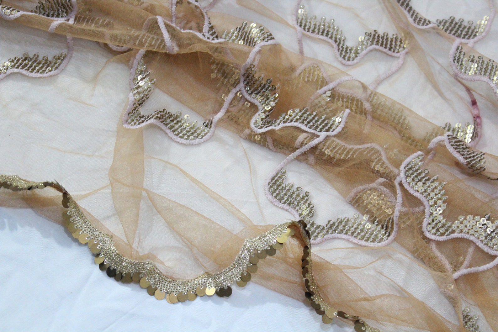Peach Net Dupatta With Golden Sequins Motifs Gold Border Net - Etsy