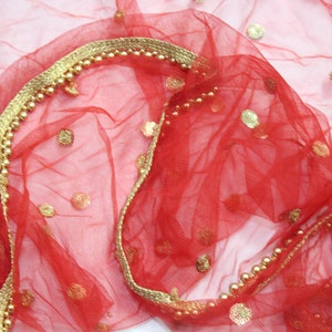 Red Net Dupatta With Golden Sequins Motifs Gold Border Net Dupatta ...