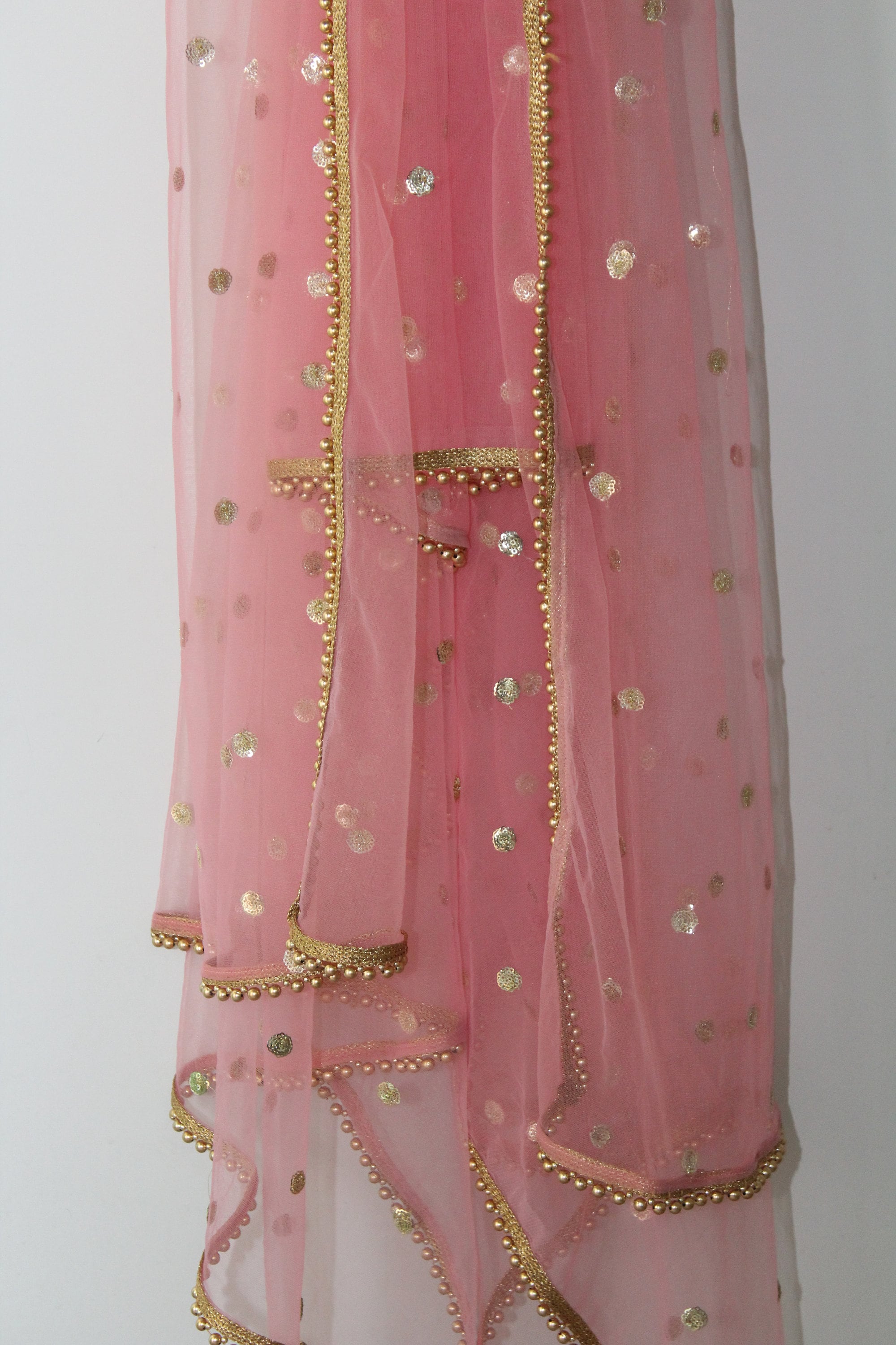 Baby Pink Net Dupatta with Golden Sequins Motifs Gold Border | Etsy