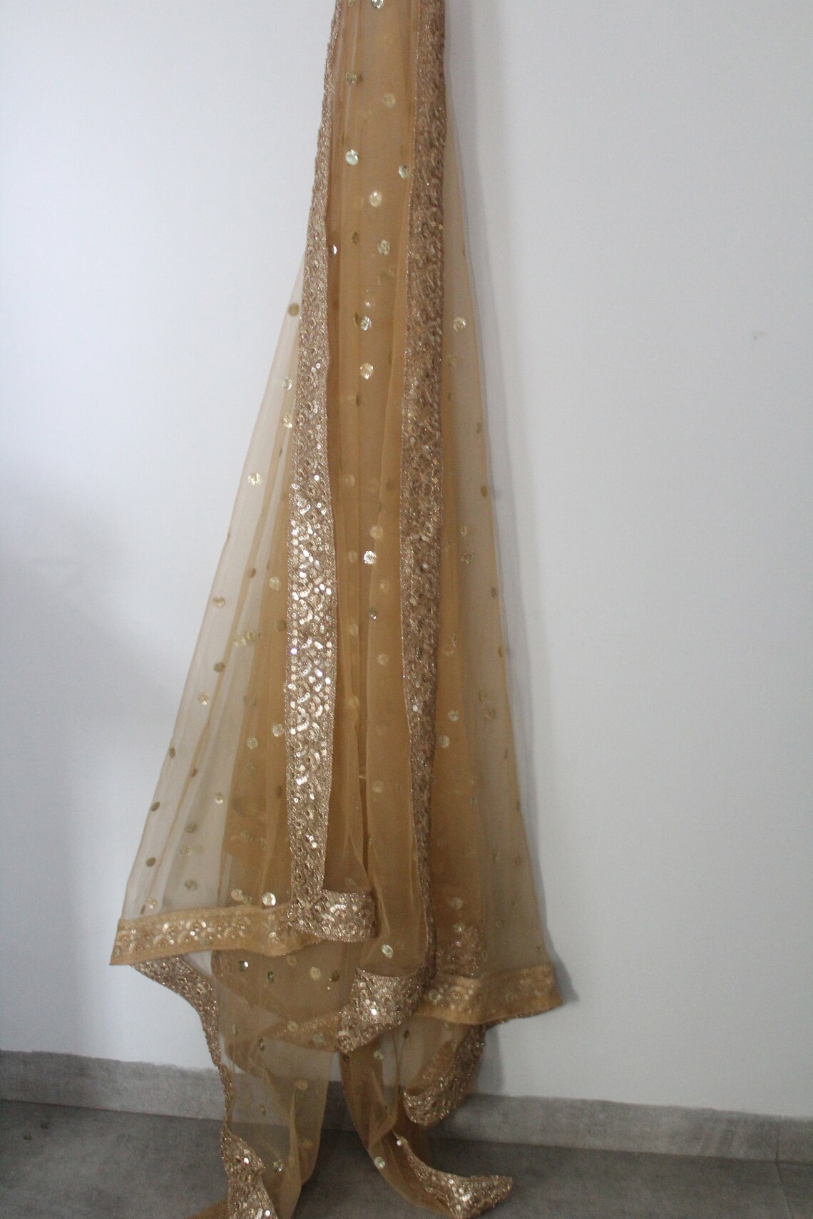 Bridal Gold Net Dupatta with Golden Sequins Motifs Gold Net | Etsy