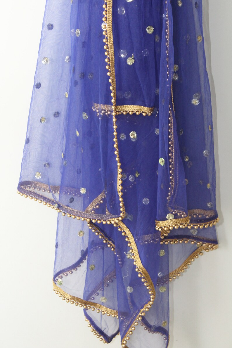Blue Net Dupatta With Golden Sequins Motifs Gold Border Net | Etsy