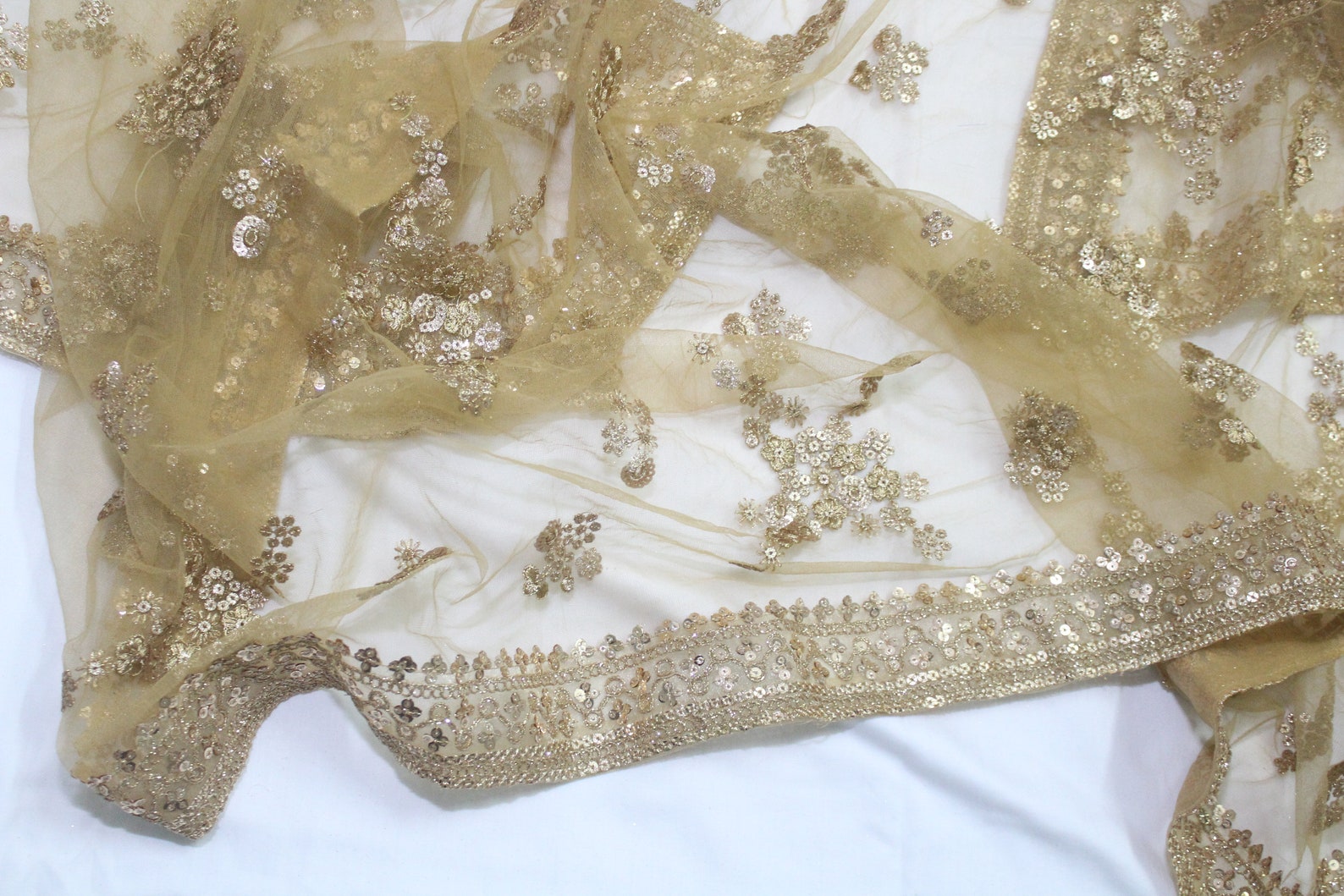 Gold Net Dupatta With Golden Sequins Motifs Gold Net Dupatta - Etsy