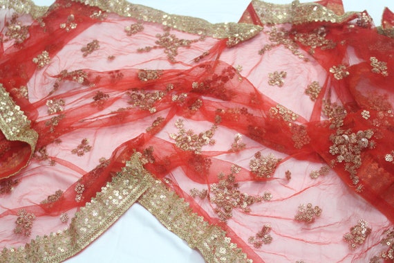 Red Bridal Net Dupatta With Golden Sequins Motifs Red | Etsy
